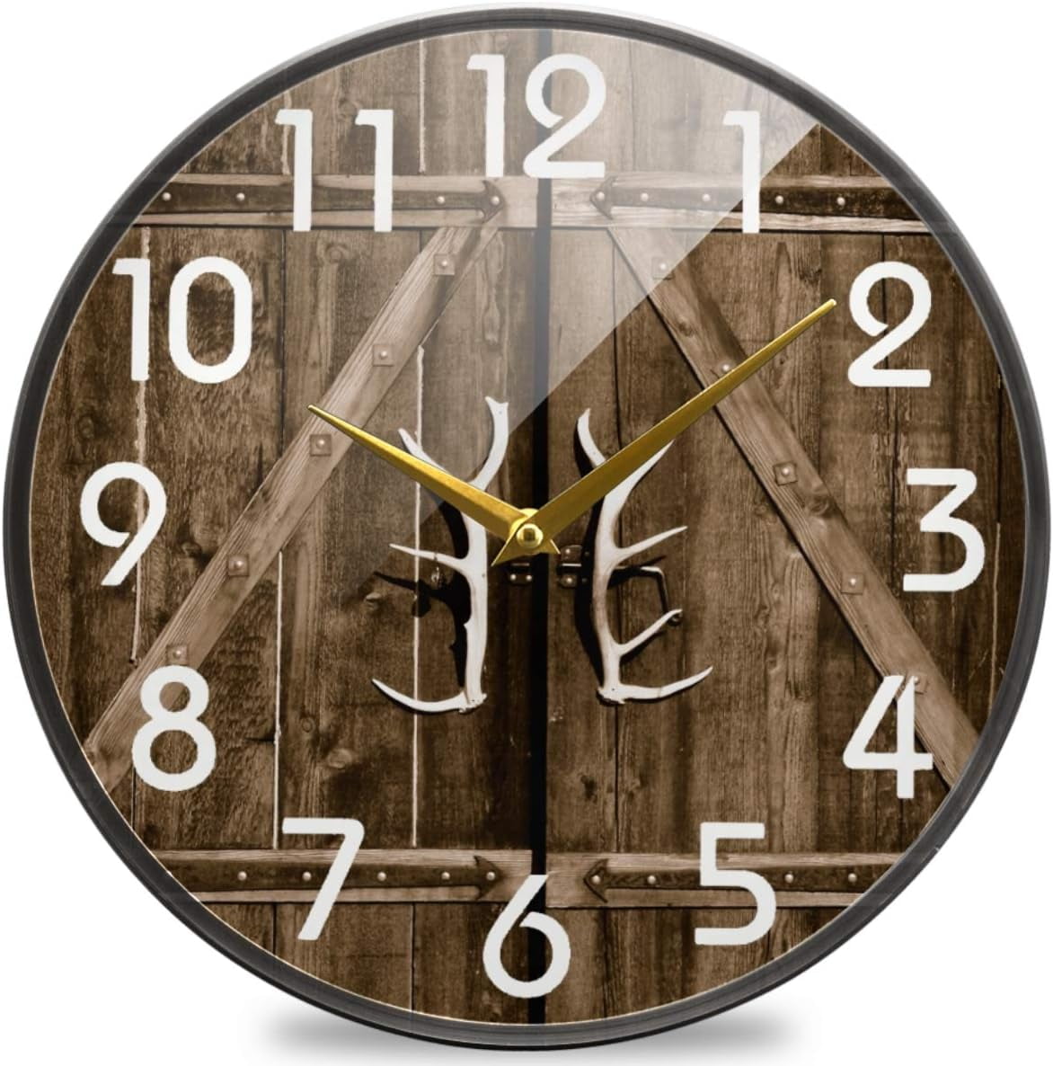 GZHJMY 3D Vintage Wooden Gate with Antler Handles Round Wall Clock, 9.5 ...