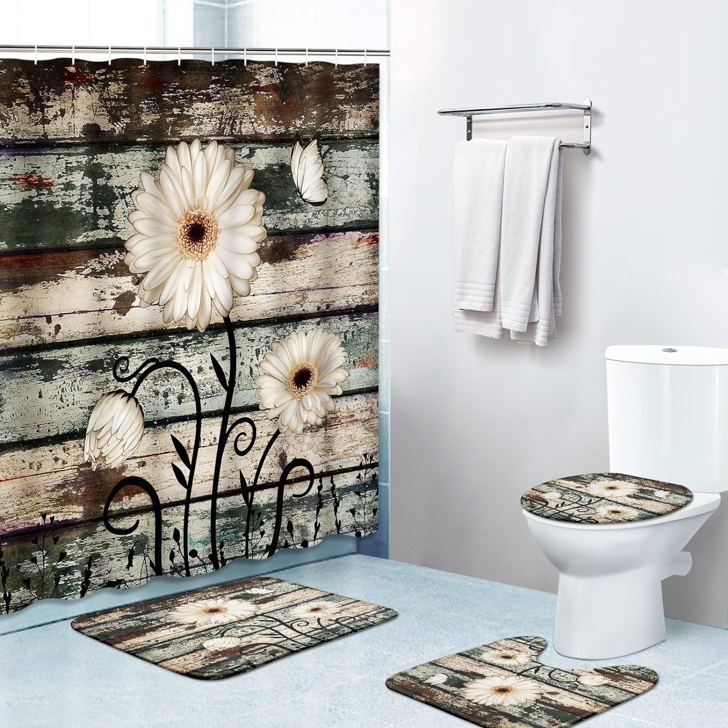 GZHJMY 4 Piece Shower Curtain Sets, Daisy White Wood with Rugs, Toilet ...