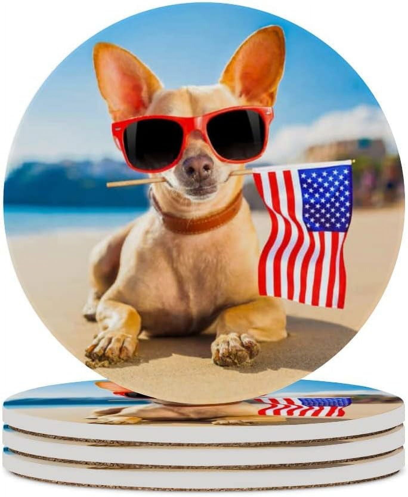 GZHJMY 4Pcs Round Chihuahua Dog at The Beach with USA Flag Ceramic ...