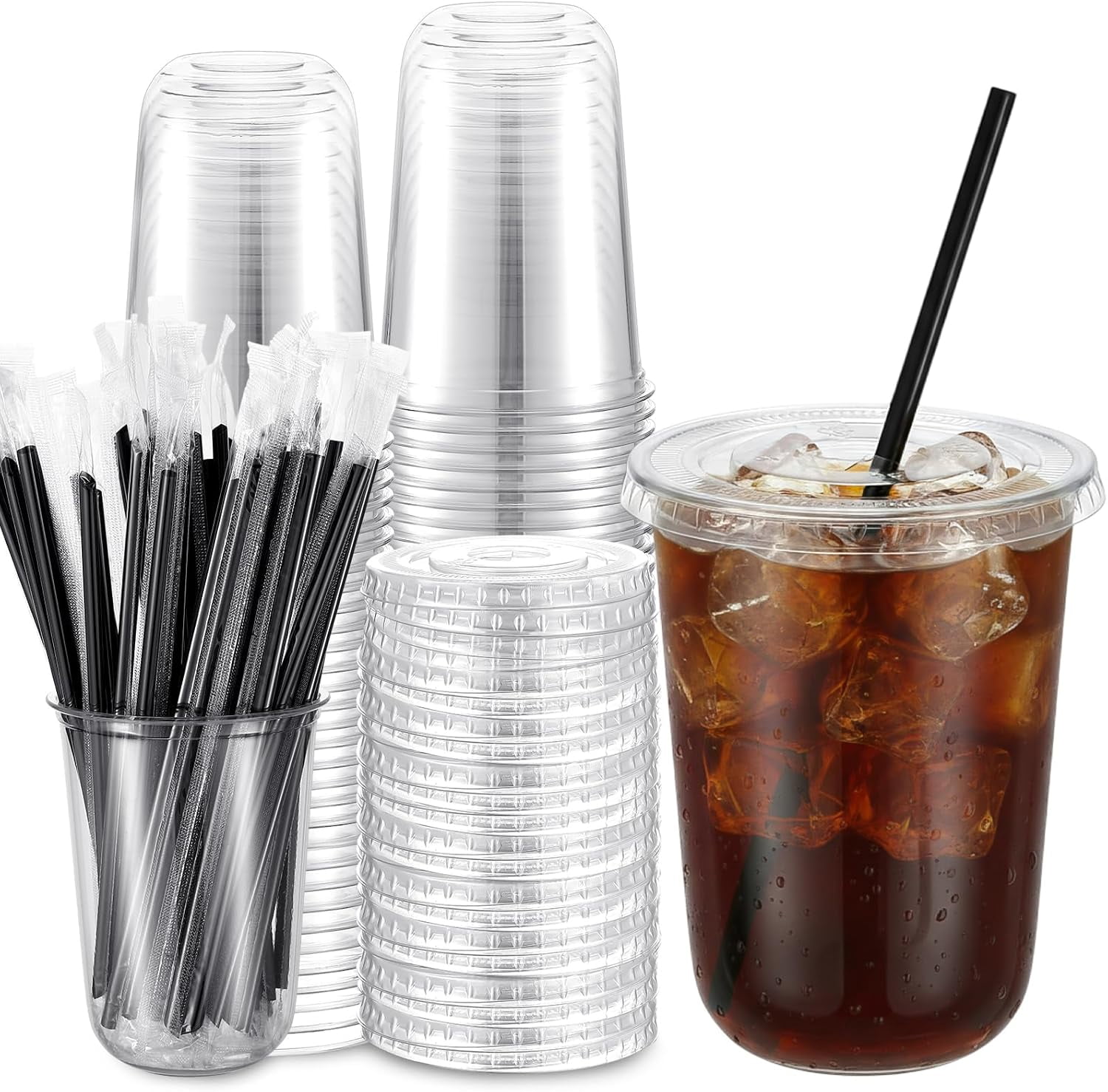 GZHJMY 50 Pack 16 oz Clear Plastic Cups with and Straws Iced Coffee Cups Round Bottom To-go Cup ...