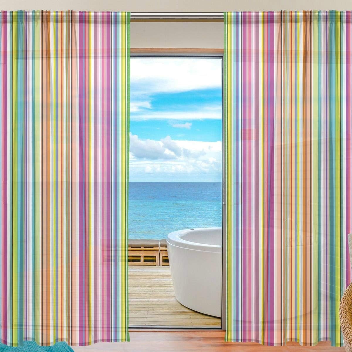 GZHJMY Abstract Colorful Striped Sheer Curtains Window Voile Panels ...