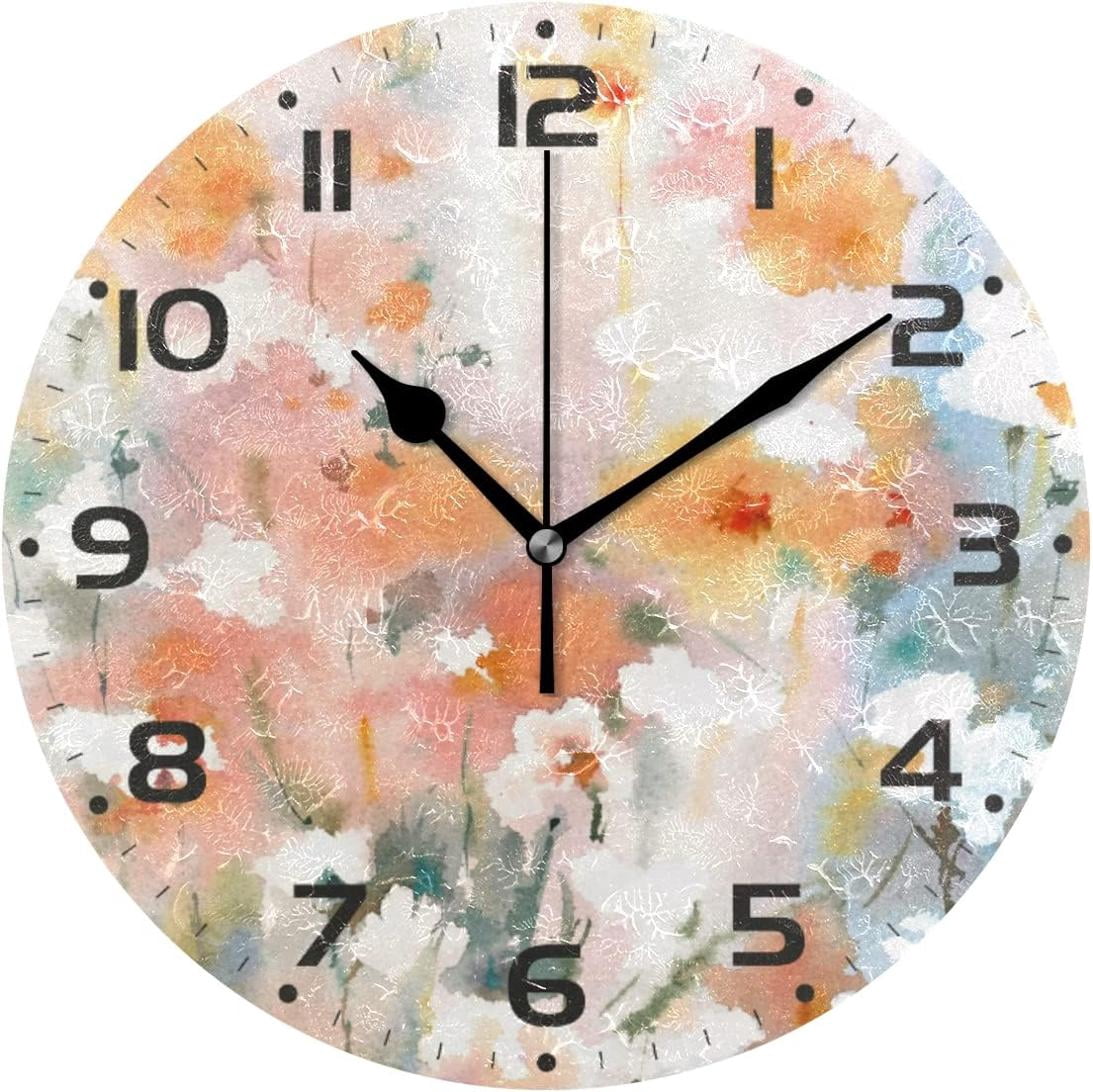 GZHJMY Abstract Watercolor Flowers Wall Clock, 10" Silent Non Ticking ...