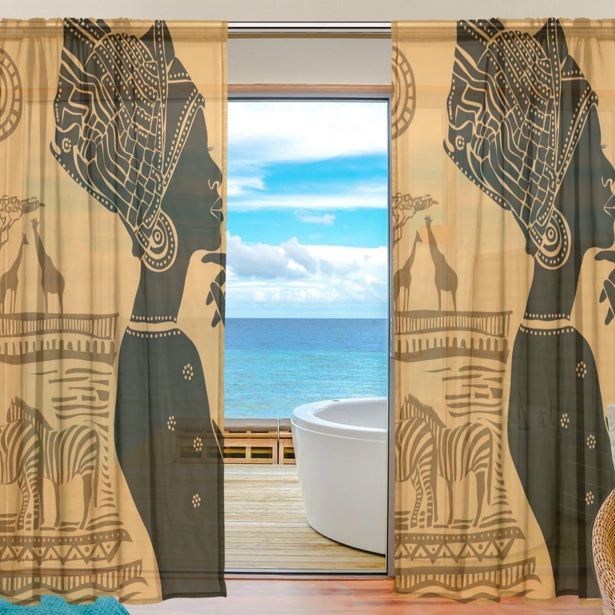 GZHJMY African Woman Silhouette Sheer Window Curtain Panel Drape 55x84 ...