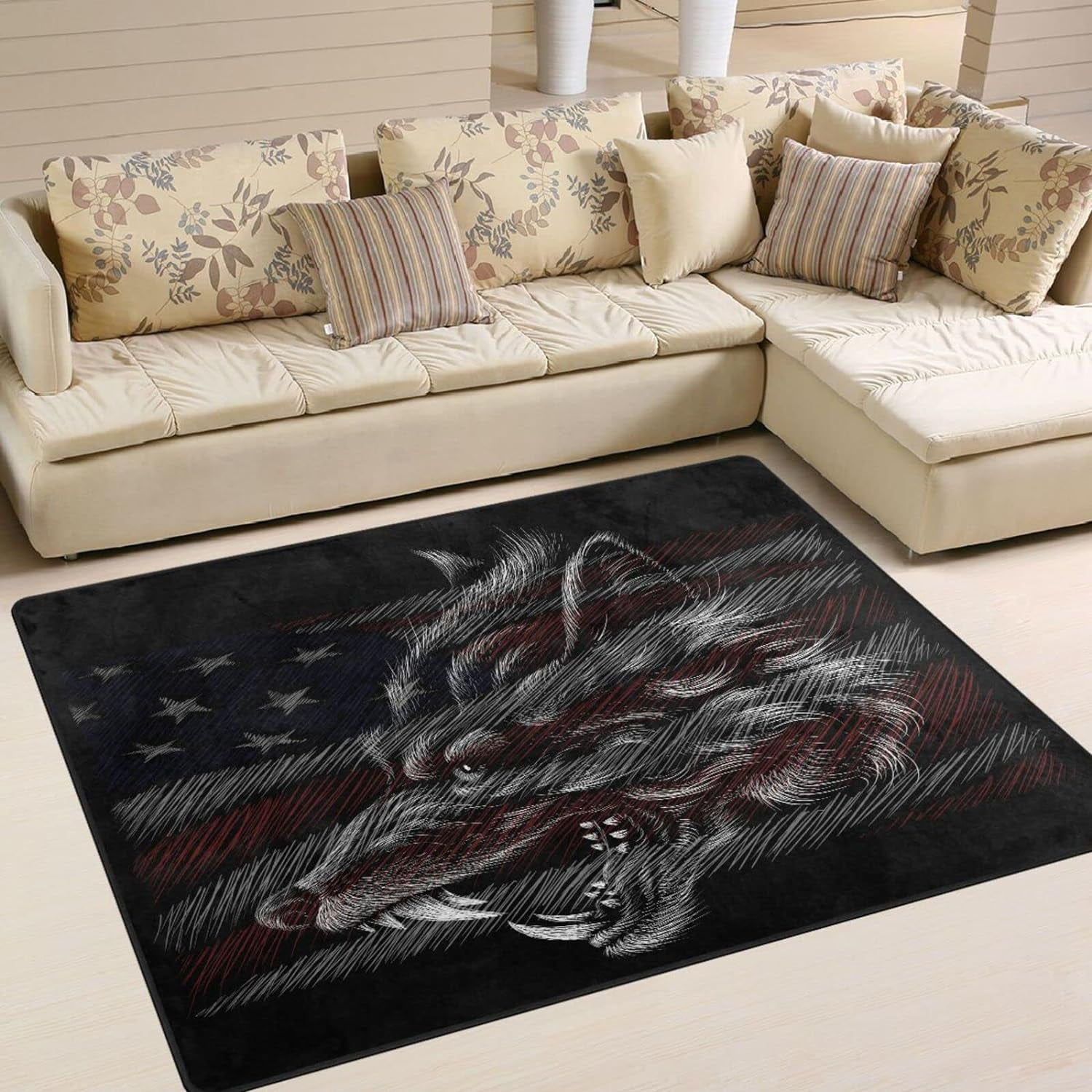GZHJMY American Flag Wolf Star Striped Area Rug Living Room Rugs - 5'3 ...