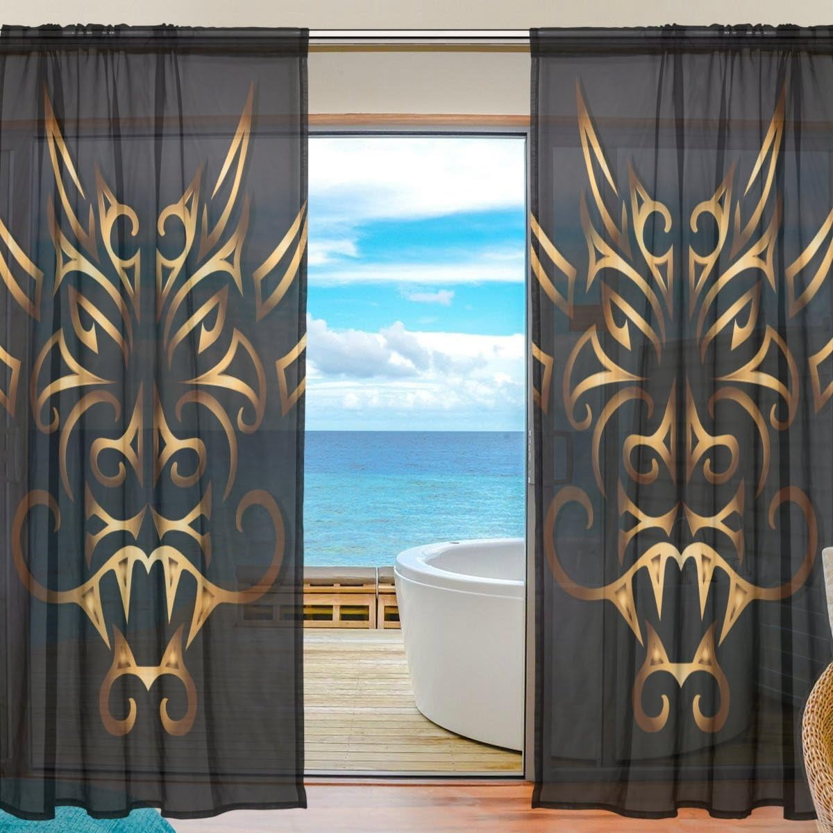 GZHJMY Ancient Mythical Tiger Sheer Window Curtain Panel Drape 55x78 ...