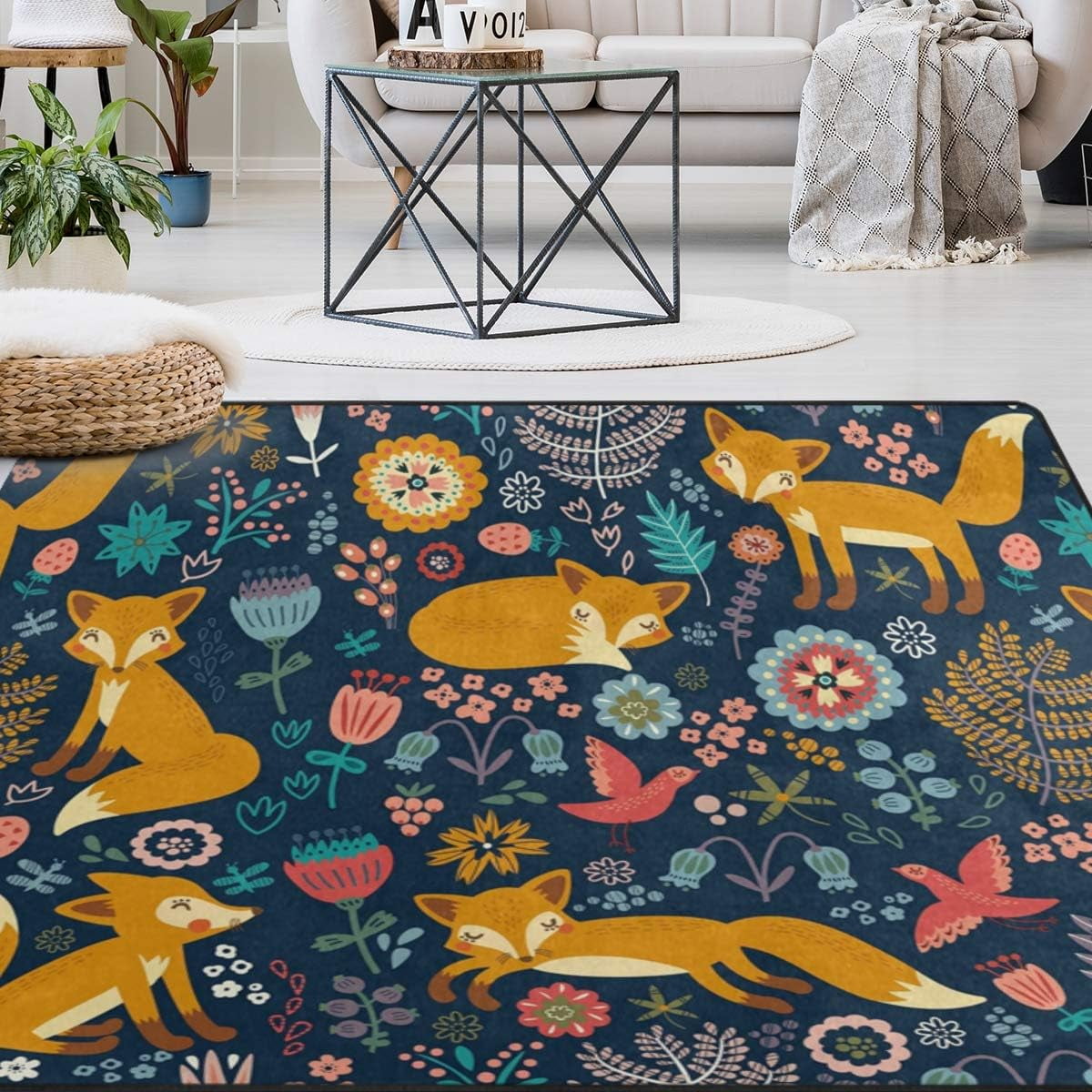 GZHJMY Animal Area Rug 4'x5', Cute Floral Fox Pattern Polyester Area ...