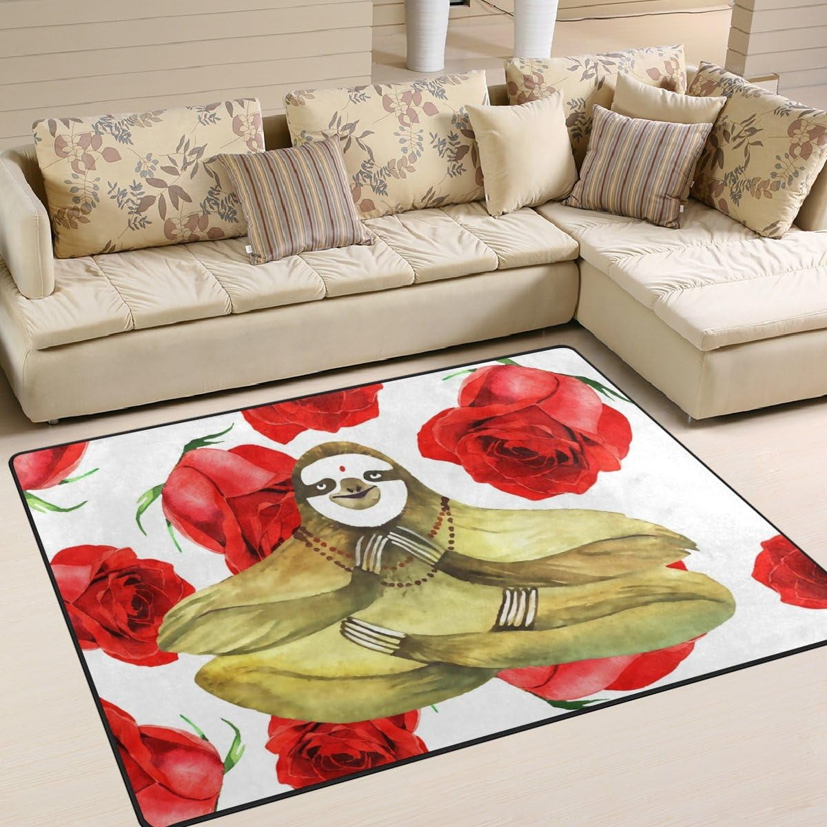 GZHJMY Animal Area Rug 4'x5', Watercolor Yoga Sloth with Rose Flower ...