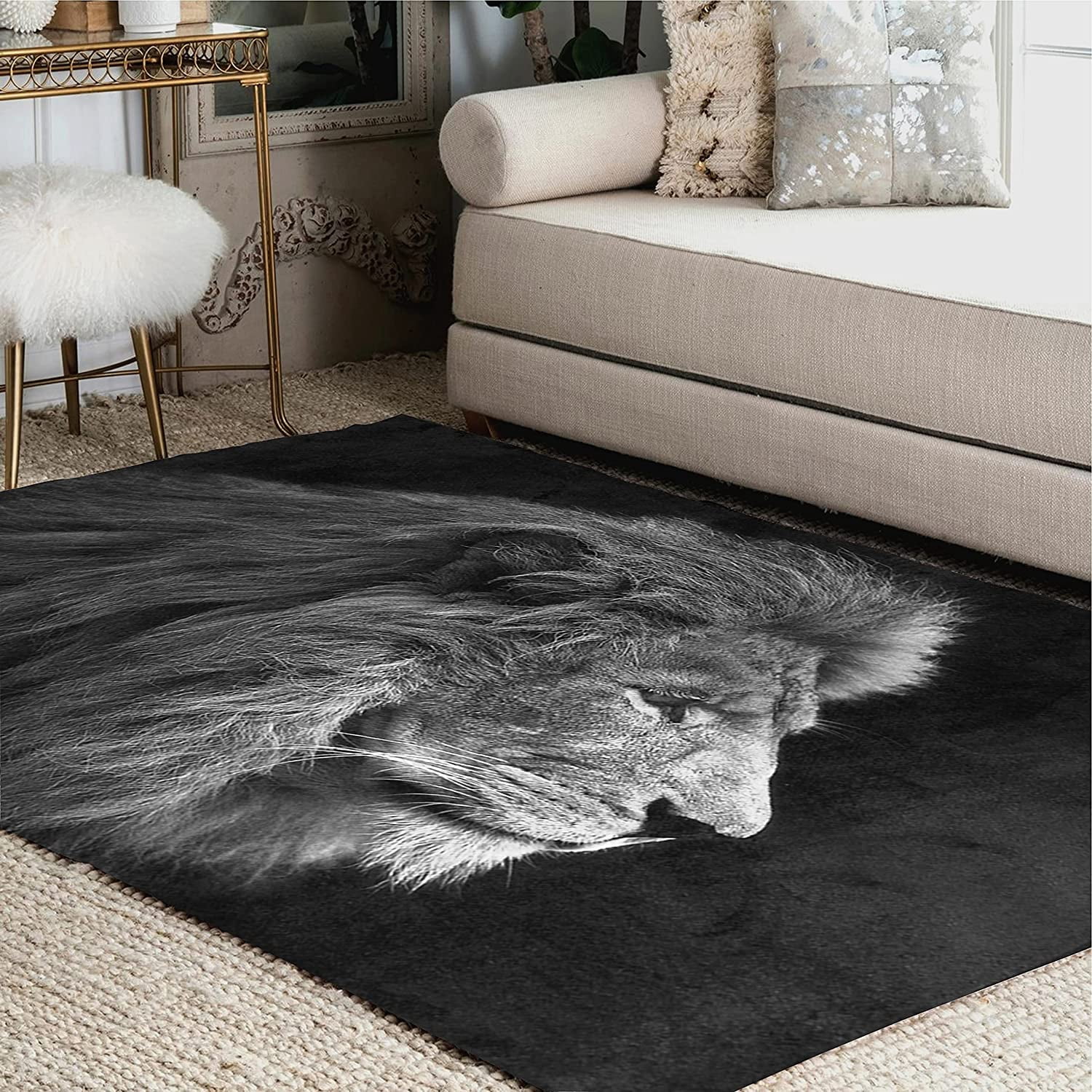 GZHJMY Art Lion Head Black Area Rug Living Room Rugs - 5'3" x4 Abstract ...