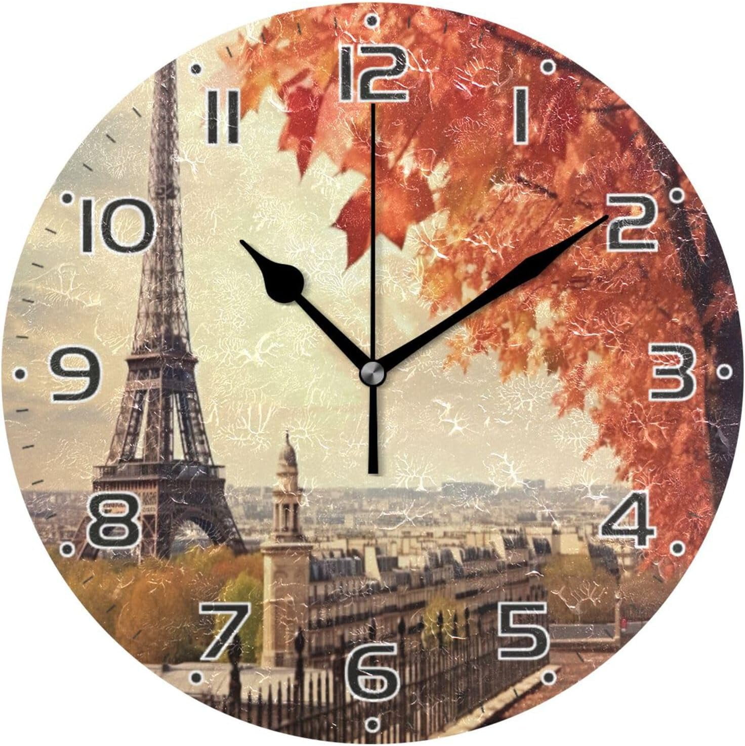 GZHJMY Autumn Eiffel Tower Clock Silent Round PVC Wall Clock Non ...