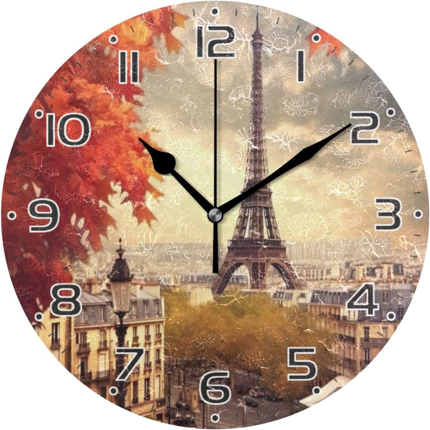 GZHJMY Autumn Eiffel Tower Clock Silent Round Wall Clock Non Ticking ...