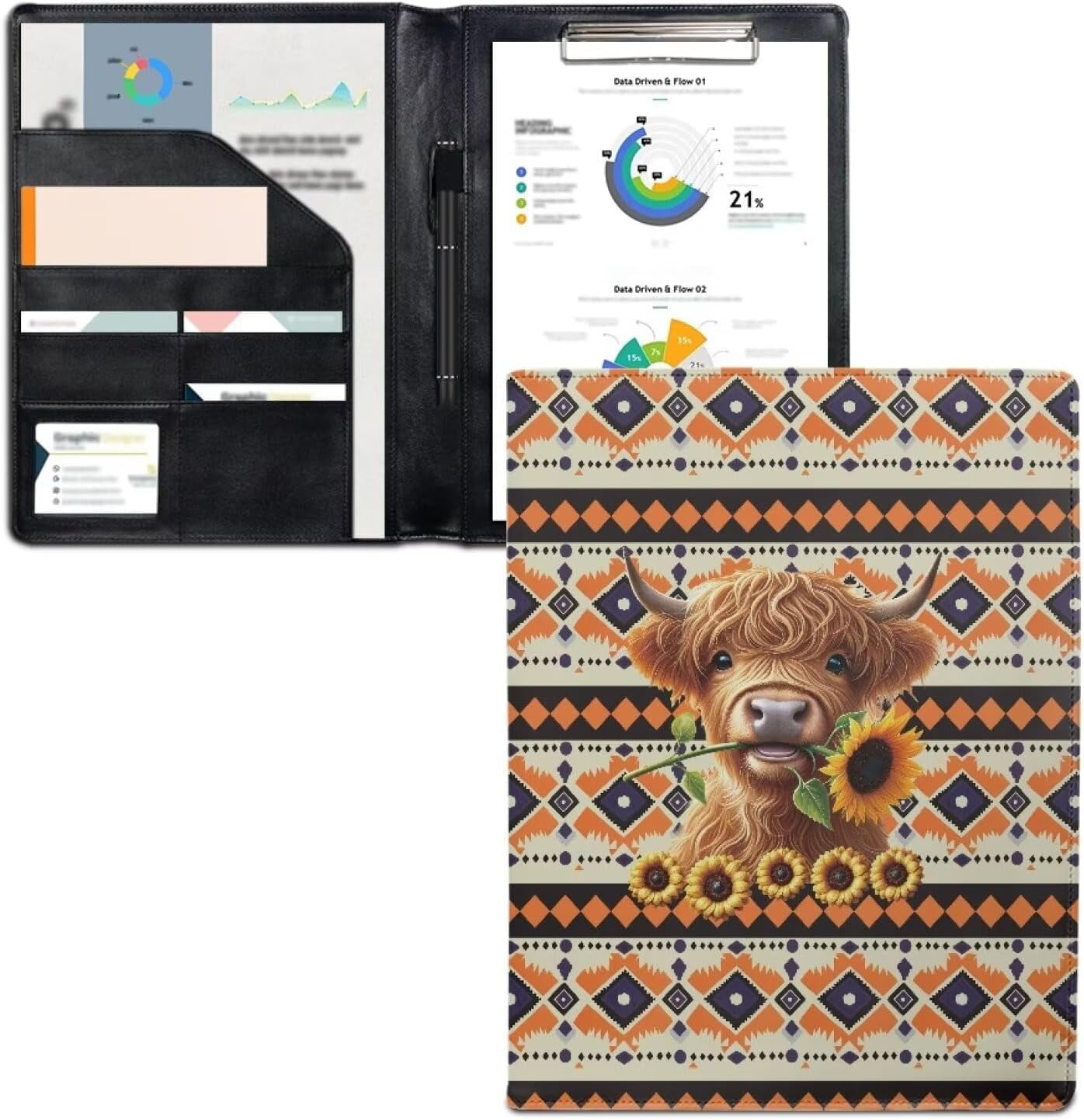 GZHJMY Aztec Highland Cow Leather Portfolio Women Elegant Portfolio ...