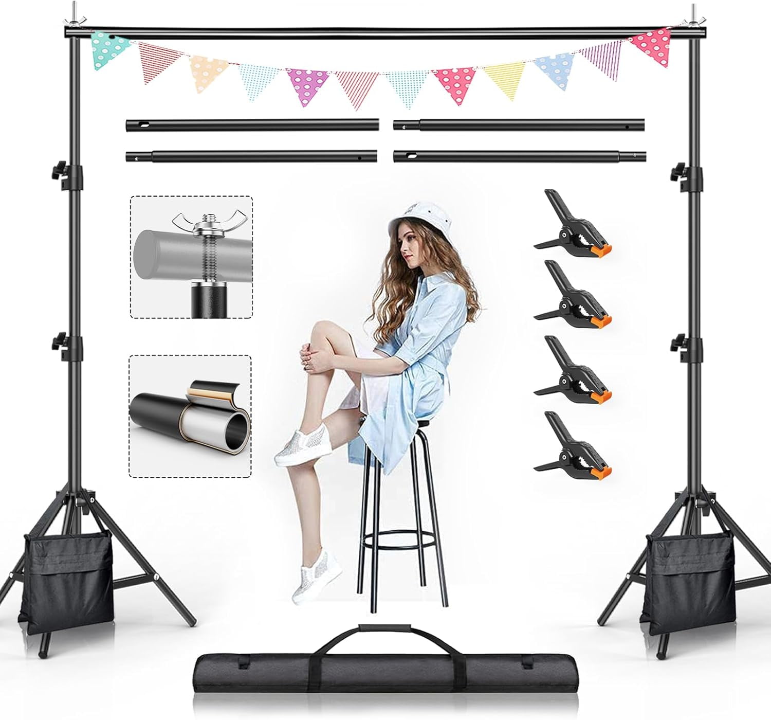 GZHJMY Backdrop Stand, 7.5 FT x 10 FT Adjustable Photography Background ...