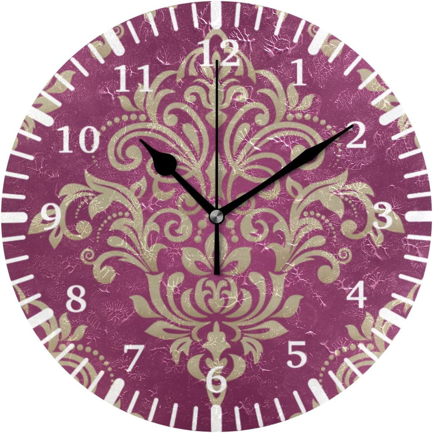 GZHJMY Baroque Damask Dark Red Wall Clock,Silent Non Ticking 10 Inch Battery Operated Round PVC ...
