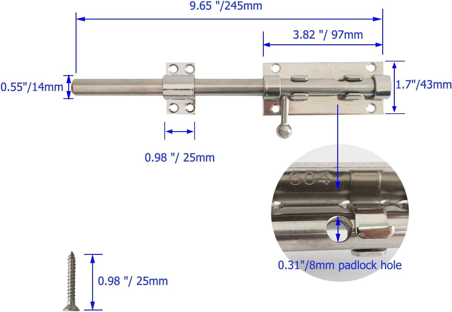 GZHJMY Barrel Bolt, 304 Steel Gate Slide Lock Featuring Padlock Hole ...