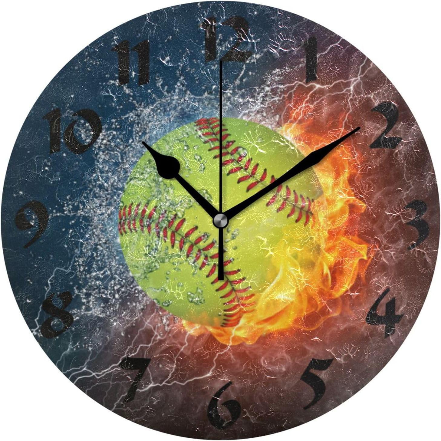 GZHJMY Baseball Ball on Fire and Water Round Wall Clock,Silent Non ...