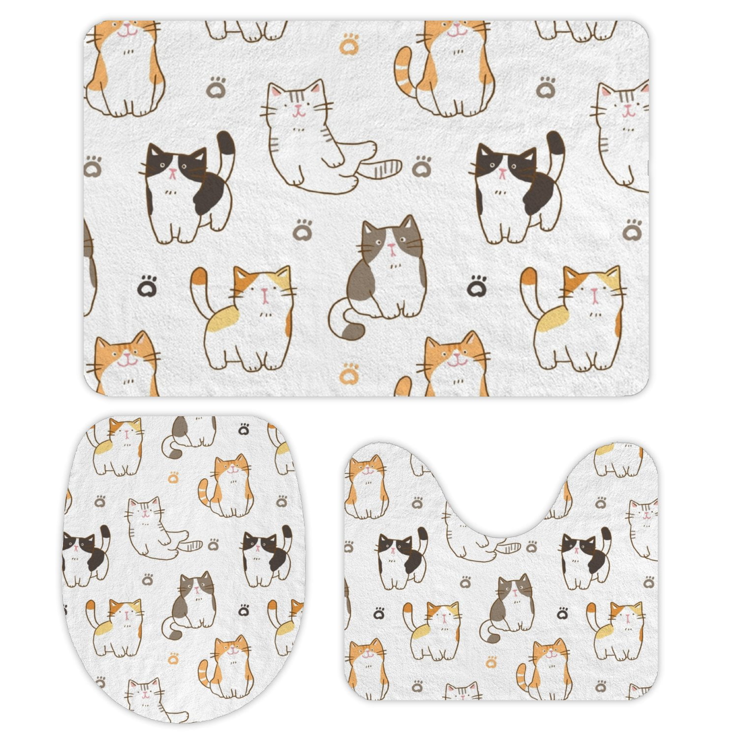 GZHJMY Bathroom Mat set of 3， Seamless Pattern of Cartoon Cat and Paw ...