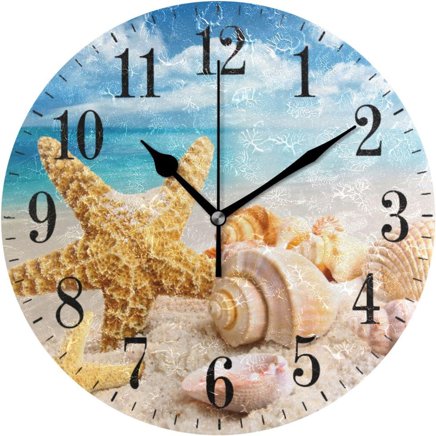GZHJMY Beach Starfish Seashells Wall Clock, Silent Non Ticking 10 Inch ...