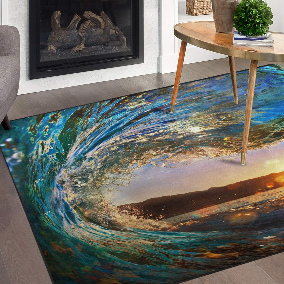 GZHJMY Beach Theme Area Rug 3'x5', Ocean Wave Falling Down at Sunset ...