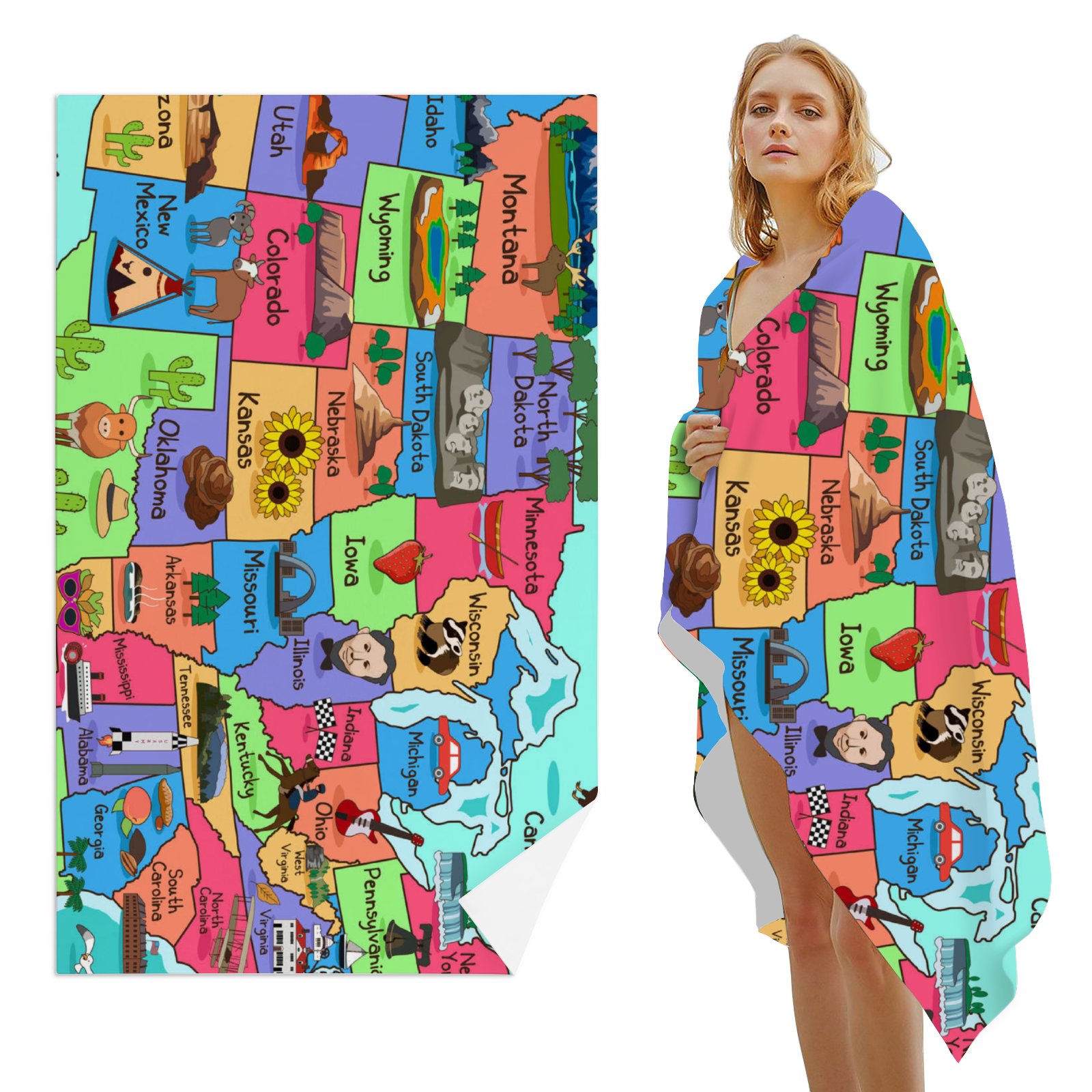 GZHJMY Beach Towel for Women Girls, Map of The United States Bath Towel ...
