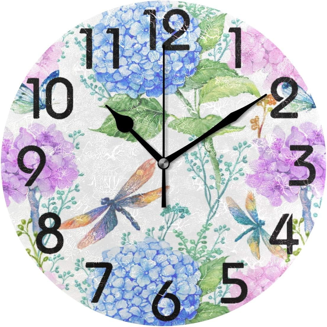 GZHJMY Beautiful Hydrangeas Dragonflies Floral Round Wall Clock, 9.5 ...