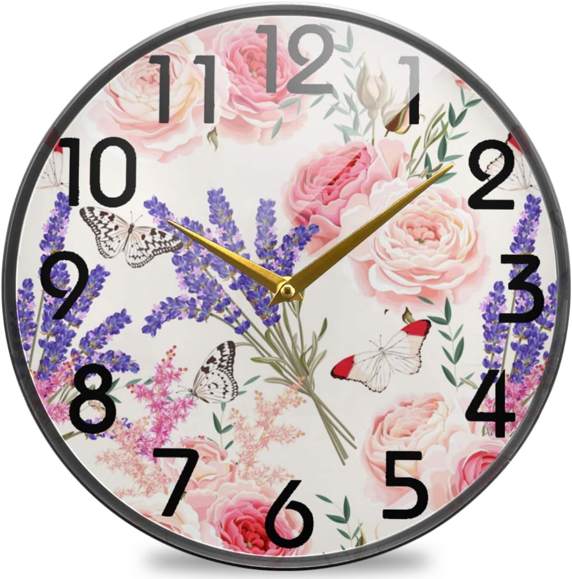 GZHJMY Beautiful Lavender Rose Flowers Butterfly Print Round Wall Clock ...
