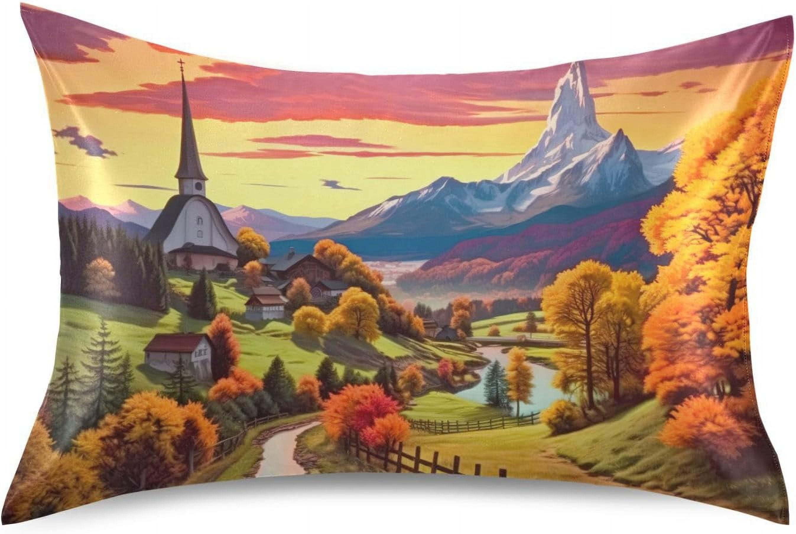 GZHJMY Beautiful Scenery Satin Pillowcase, Soft Breathable Silk Pillow ...