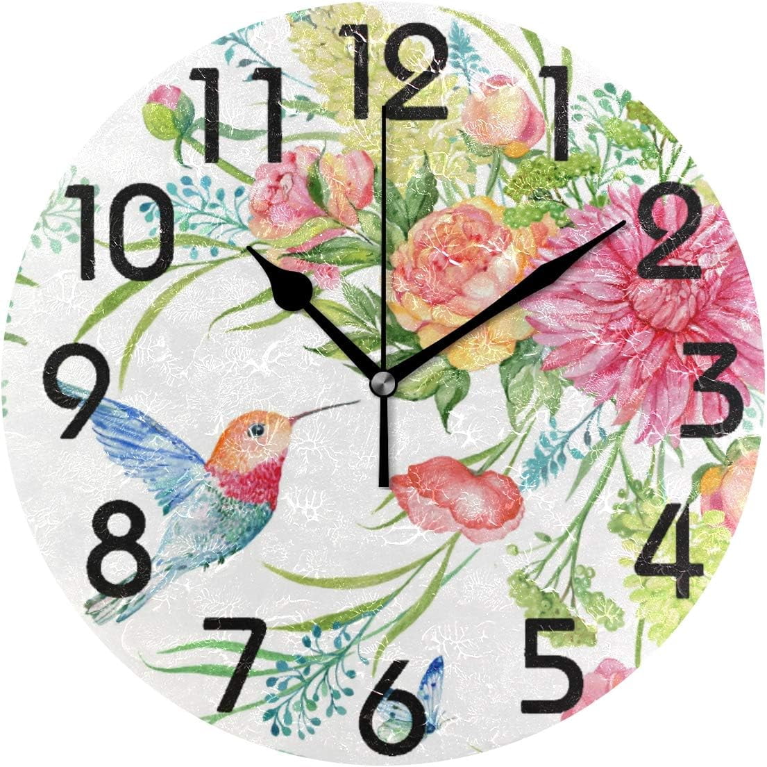 GZHJMY Beautiful Spring Hummingbirds Butterfly Flowers Round Wall Clock ...