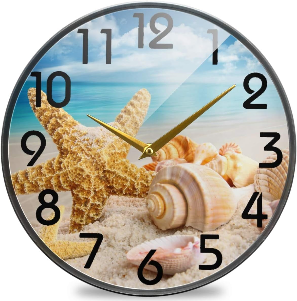 GZHJMY Beautiful Starfish and Seashells on Sandy Beach Round Wall Clock ...
