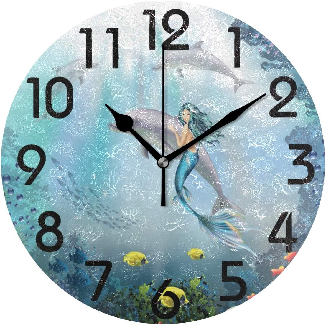 GZHJMY Beautiful Underwater Mermaid Dolphin Fsih Print Round Wall Clock ...