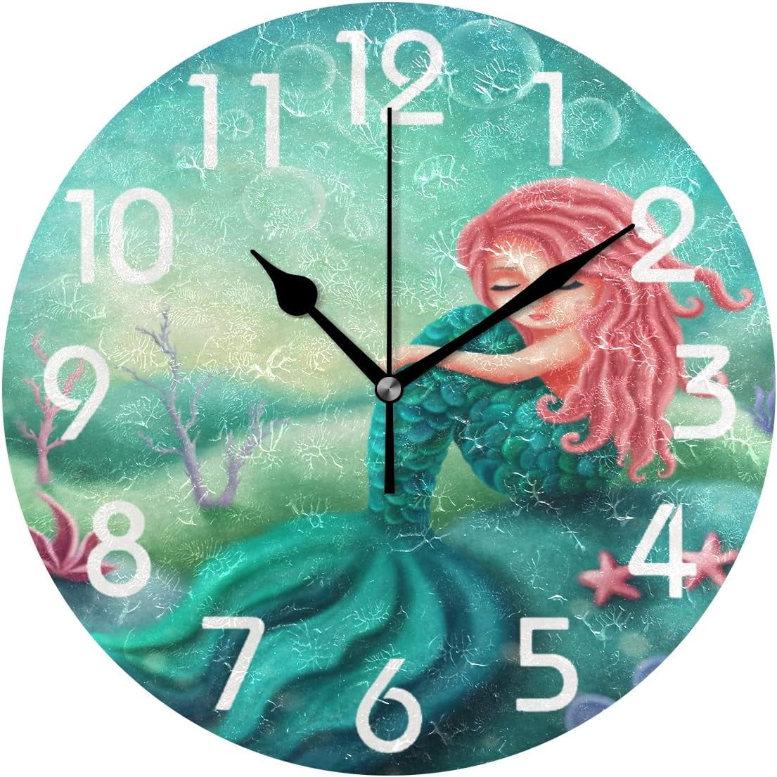 GZHJMY Beautiful Underwater Mermaid Round Wall Clock, 9.5 Inch Battery ...