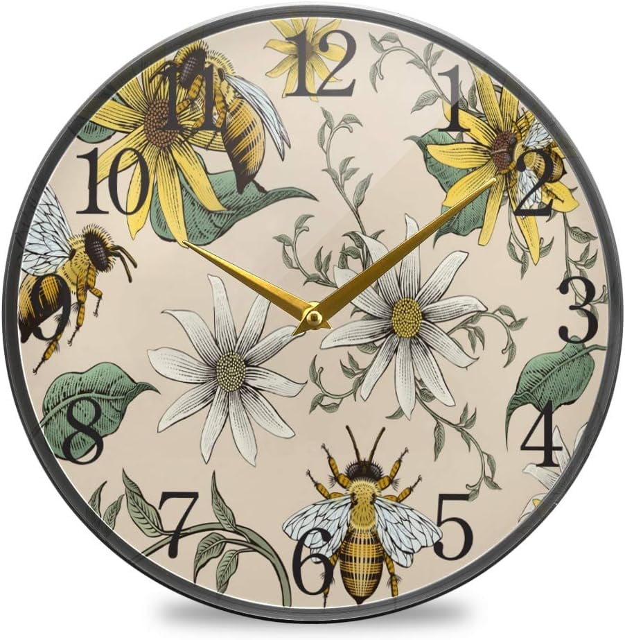 GZHJMY Bees with Sunflowers Pattern Wall Clock Silent Non Ticking 9.5 ...