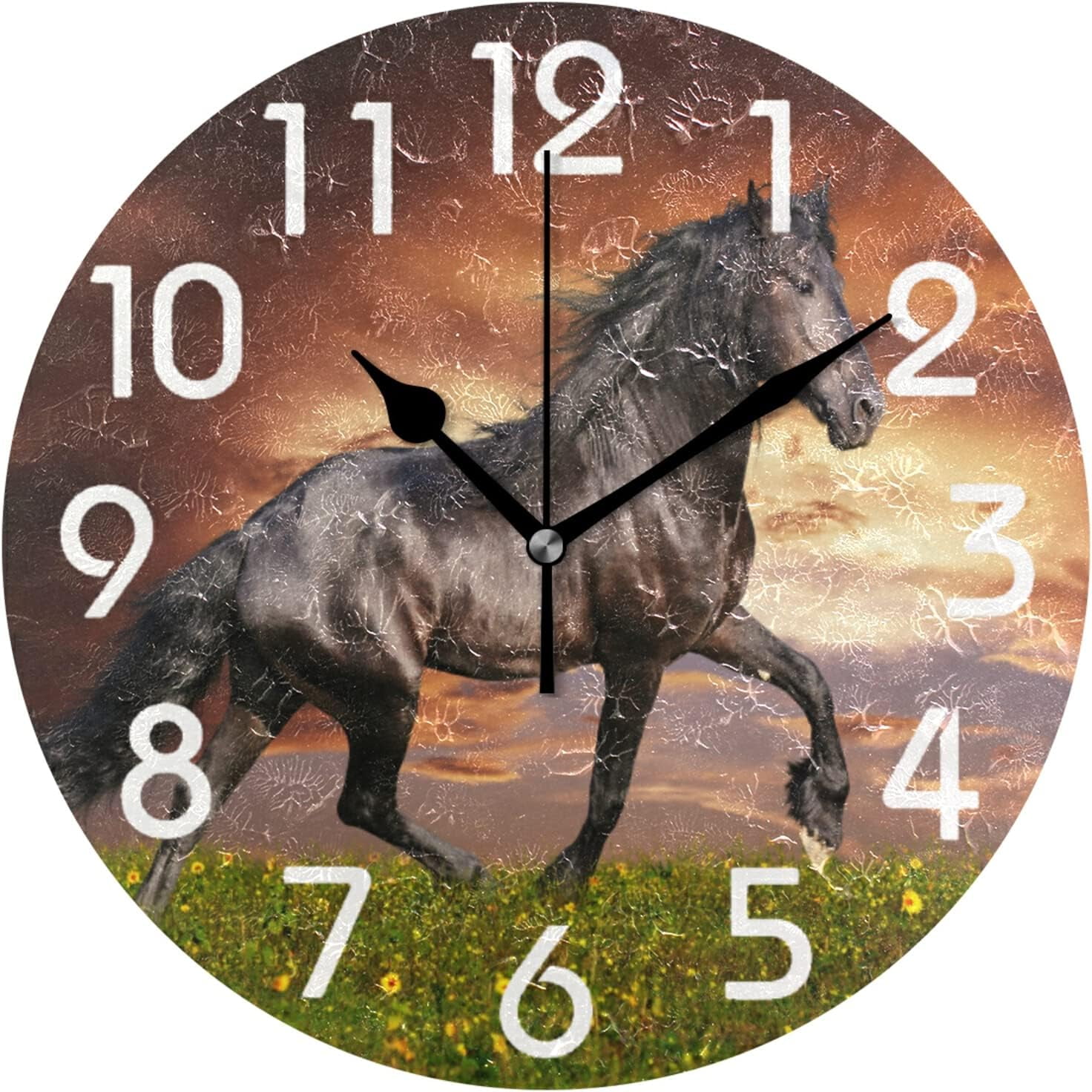 GZHJMY Black Horse Running On Grass Round Wall Clock, 9.5 Inch Battery ...