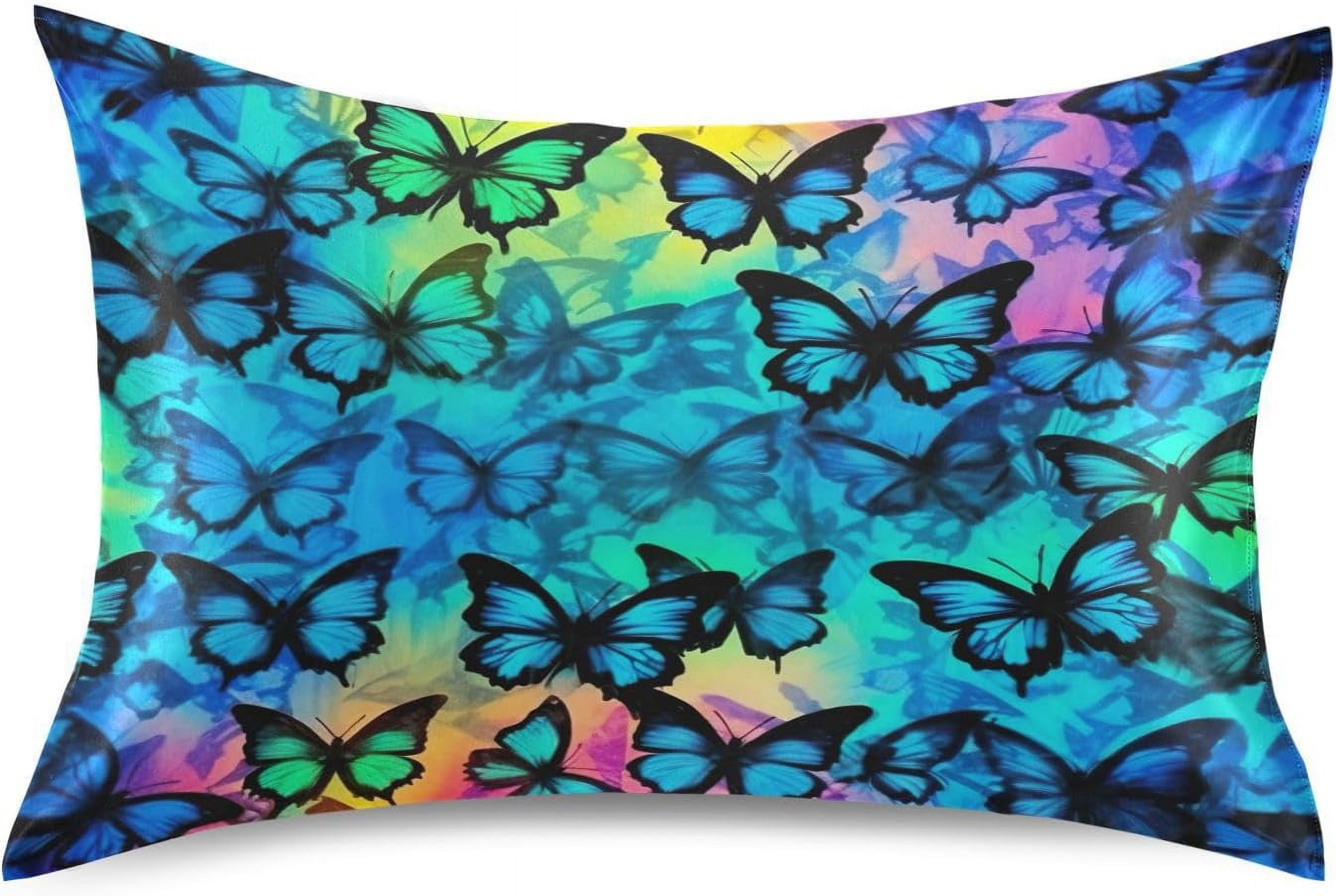 GZHJMY Blue Butterfly Satin Pillowcase, Soft Breathable Silk Pillow ...