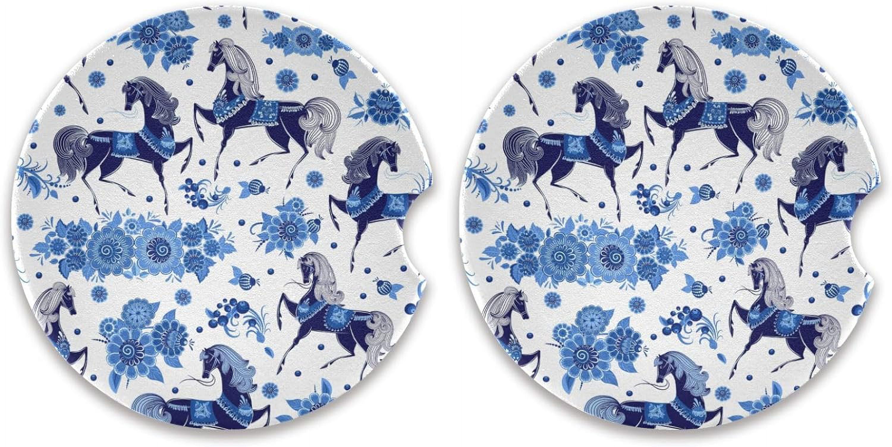 GZHJMY Blue Horse Floral Car Coasters 2 Pack Drinks Absorbent Ceramic ...