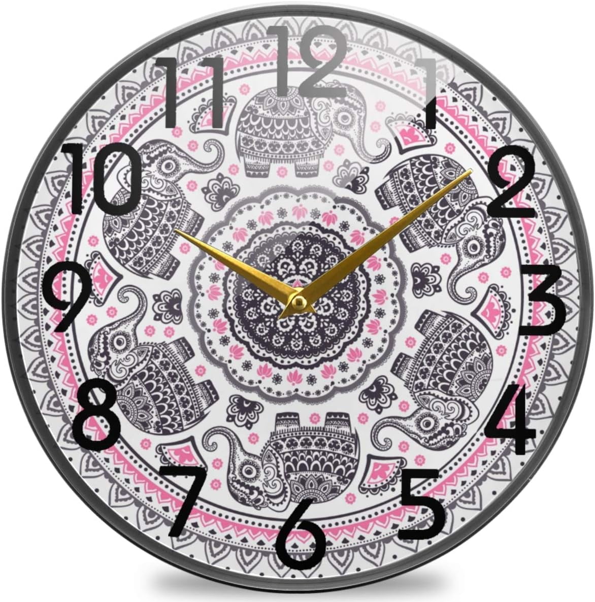 GZHJMY Boho Indian Lotus Ethnic Elephant Mandala Print Round Wall Clock ...