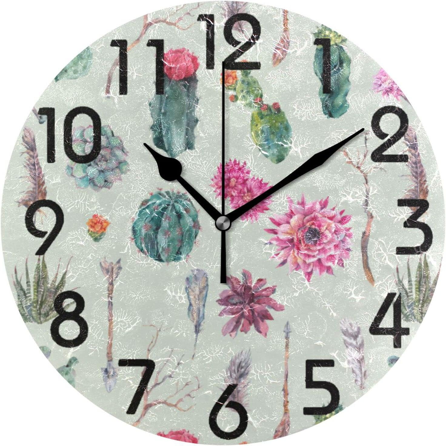 GZHJMY Boho Stylish Blooming Cactus Arrow Flowers Round Wall Clock, 9.5 ...