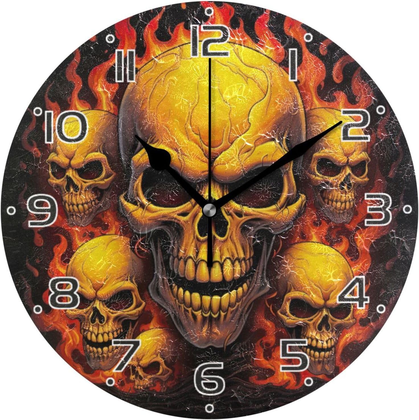 GZHJMY Burning Skull Clock Silent Round Wall Clock Non Ticking Battery ...