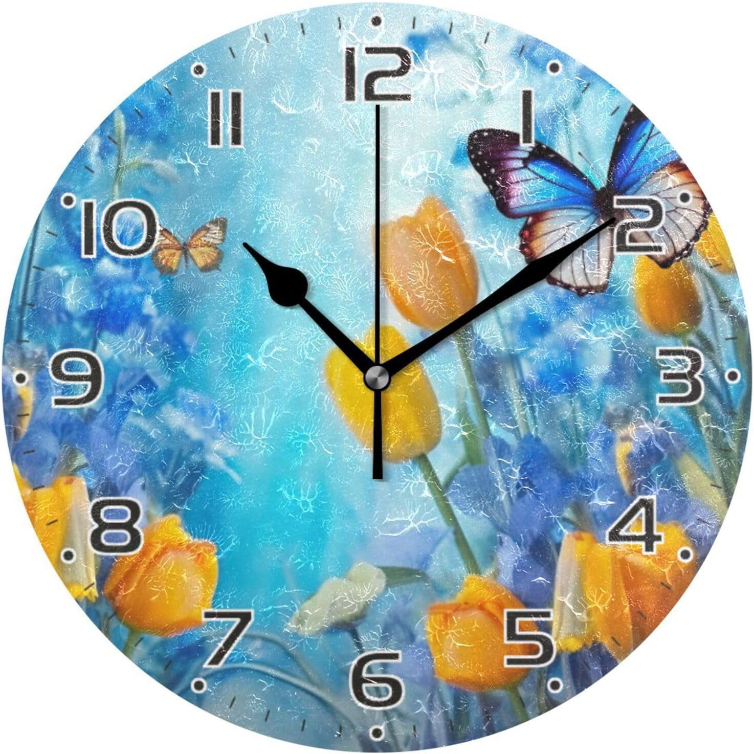 GZHJMY Butterflies Blue Clock Silent Round Wall Clock Non Ticking ...