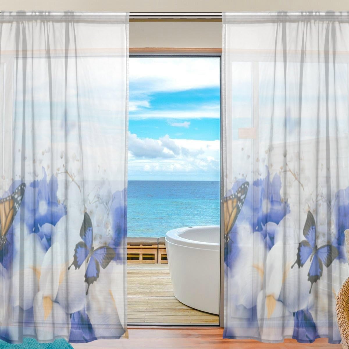 GZHJMY Butterflies in Flowers Jungle Sheer Window Curtain Panel Drape ...