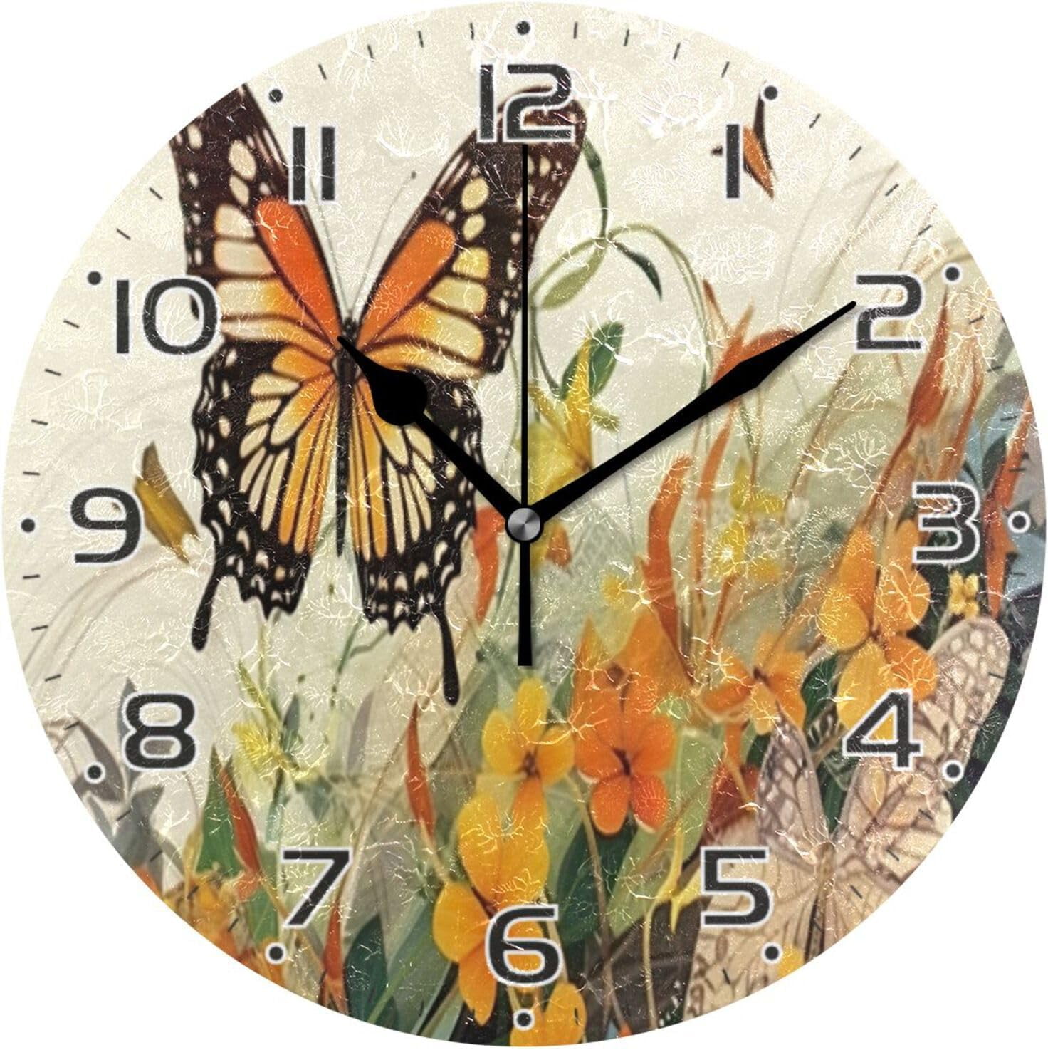 GZHJMY Butterfly Flower Clock Silent Round PVC Wall Clock Non Ticking ...