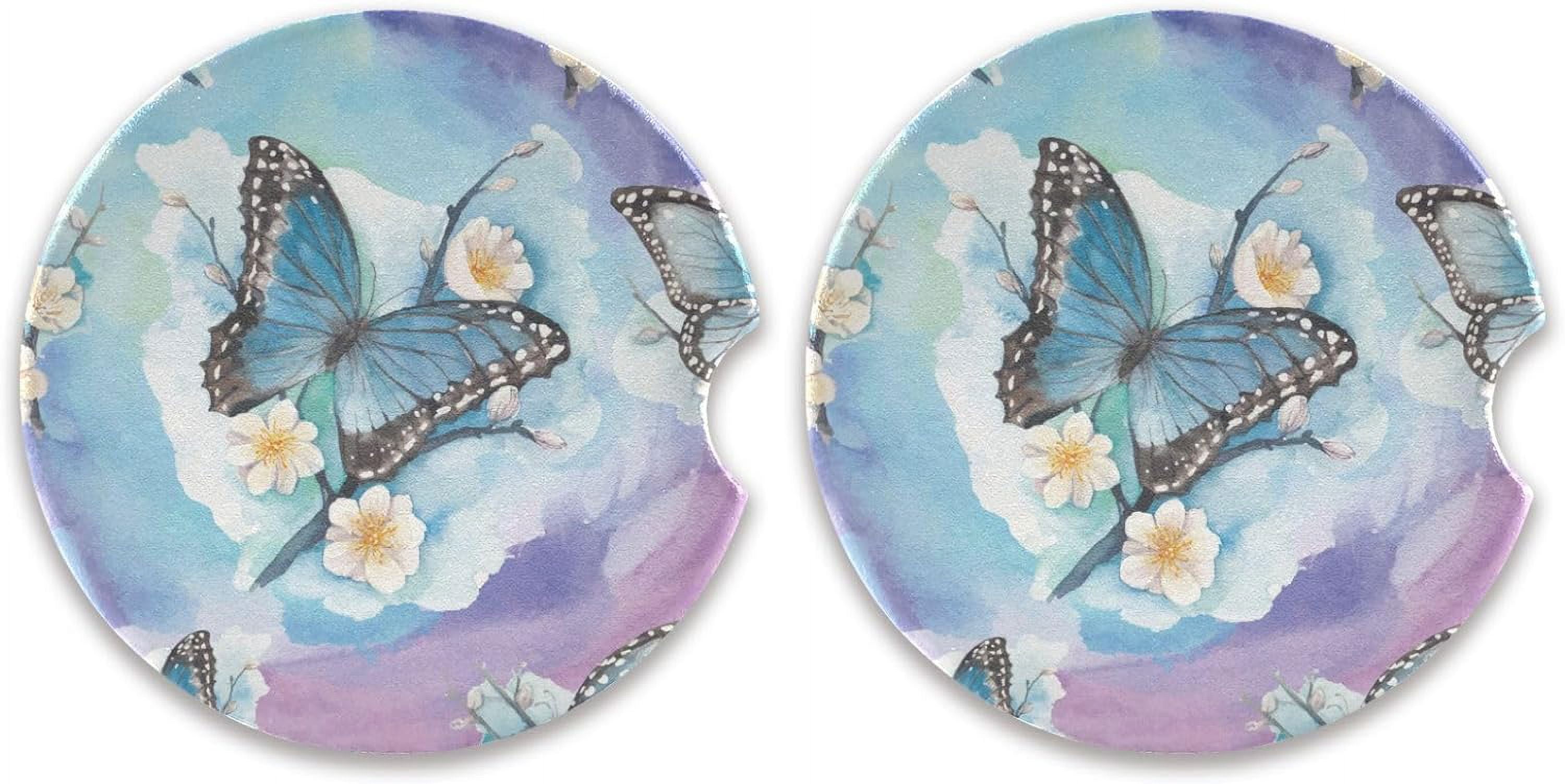 GZHJMY Butterfly Flower Watercolor Car Coasters 2 Pack Drinks Absorbent ...