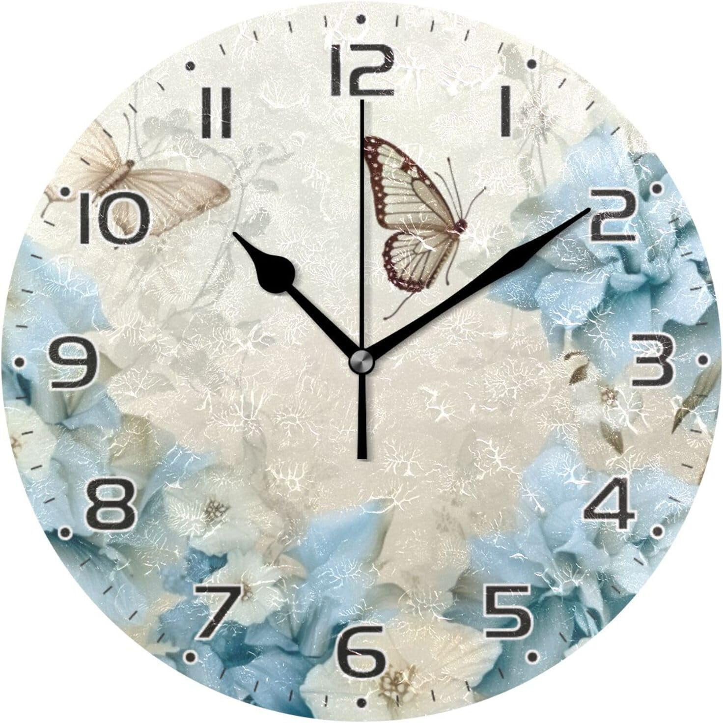 GZHJMY Butterfly in Flowers Clock Silent Round Wall Clock Non Ticking ...
