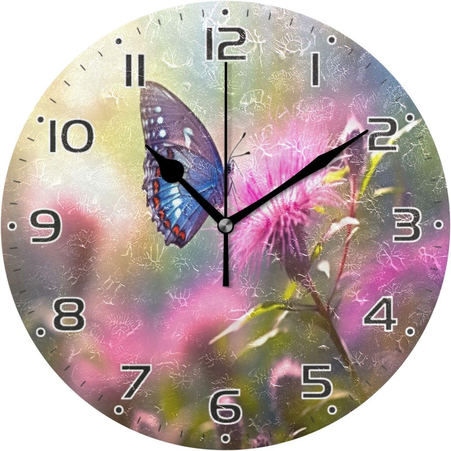 GZHJMY Butterfly Flowers Clock Silent Round Wall Clock Non Ticking ...
