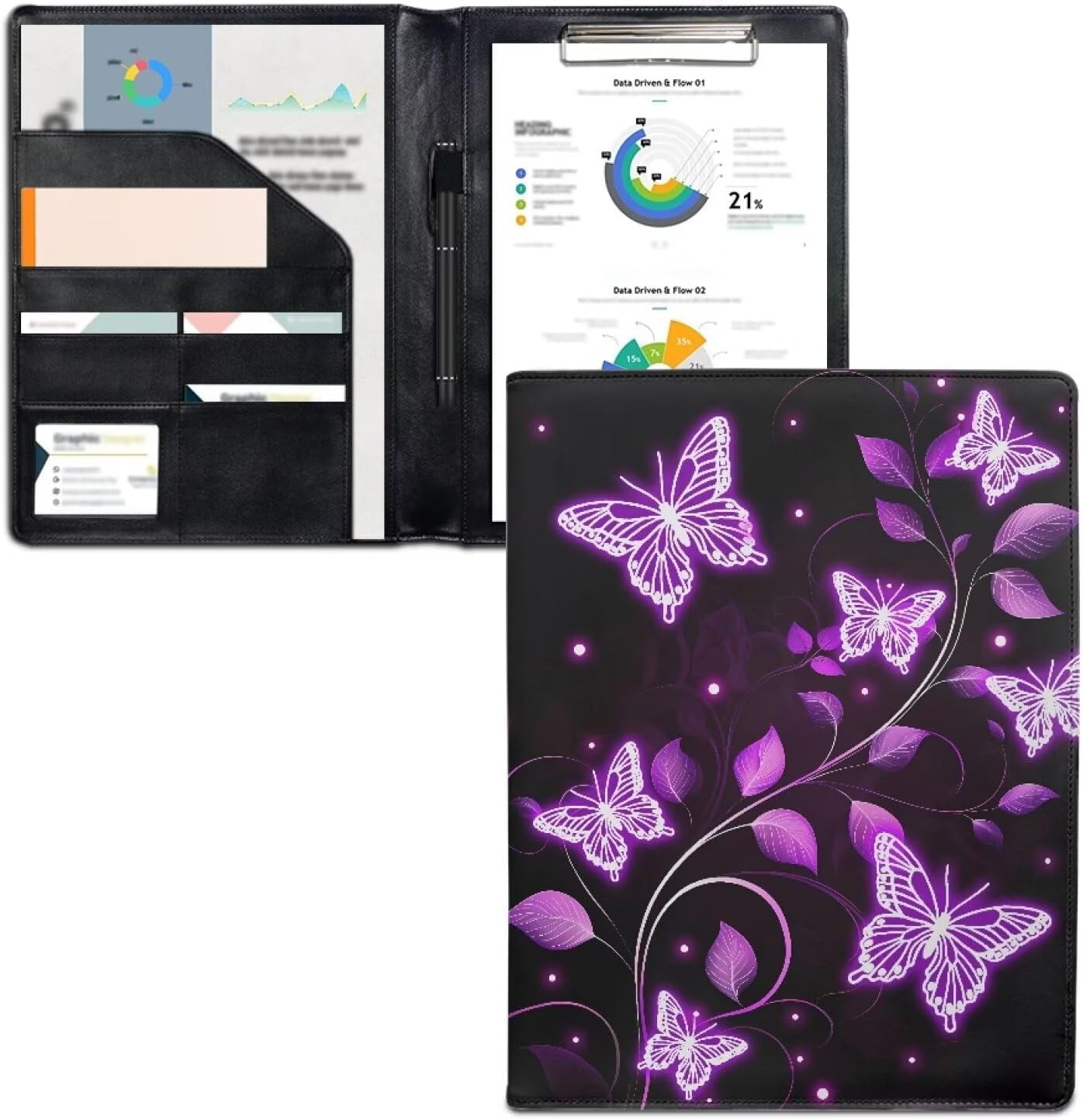 GZHJMY Butterfly Leather Portfolio Women Business Portfolio Organizer ...