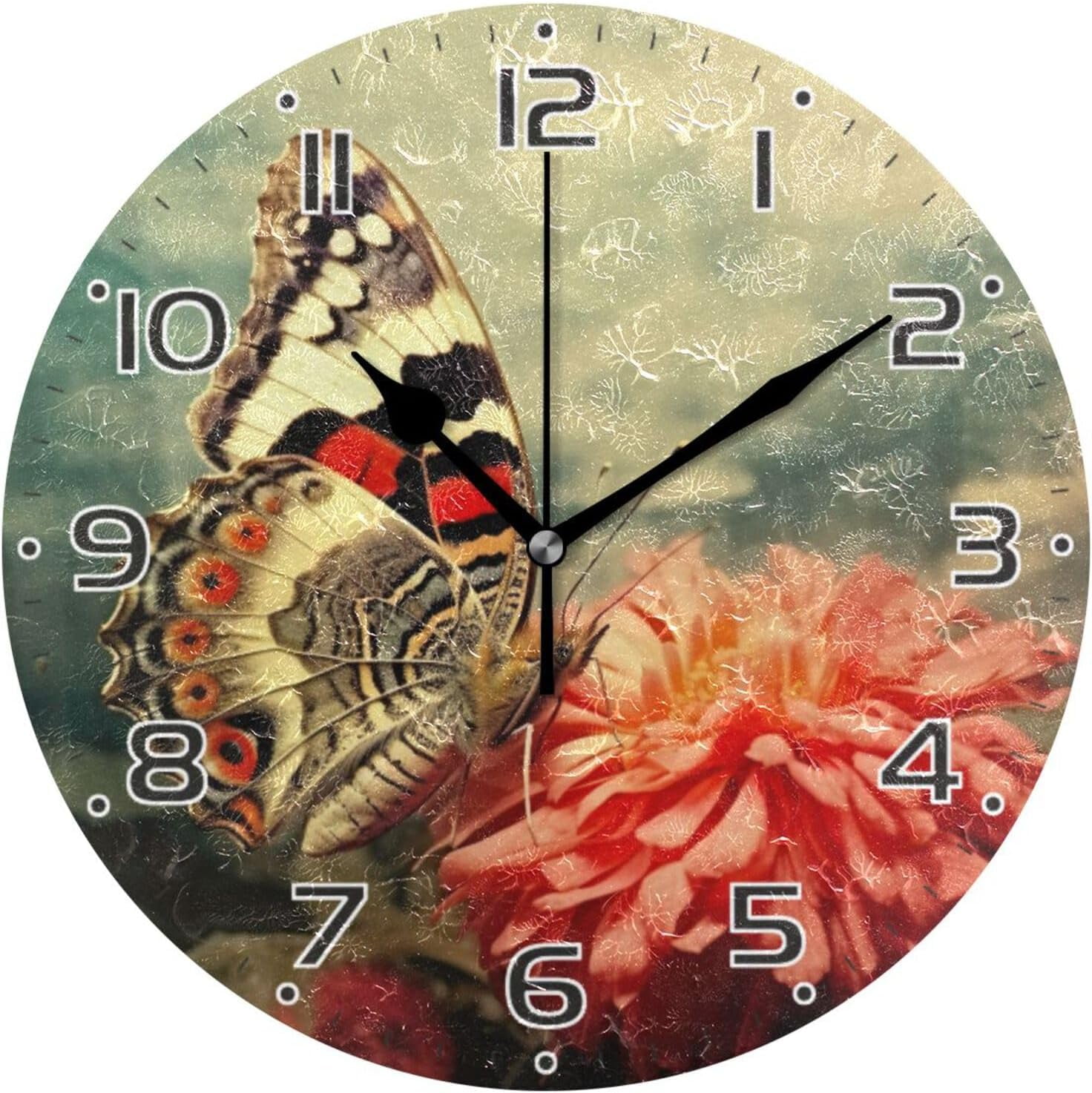 GZHJMY Butterfly Vintage Clock Silent Round Wall Clock Non Ticking ...
