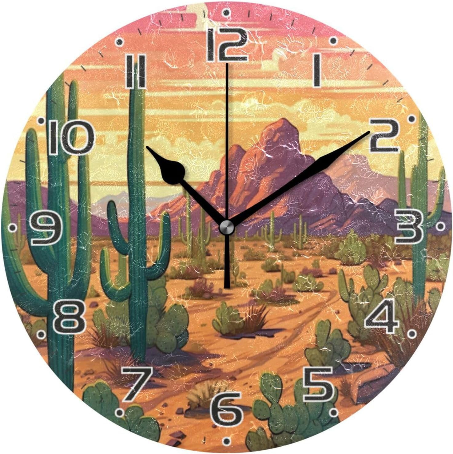 GZHJMY Cactus Desert Clock Silent Round Wall Clock Non Ticking Battery ...