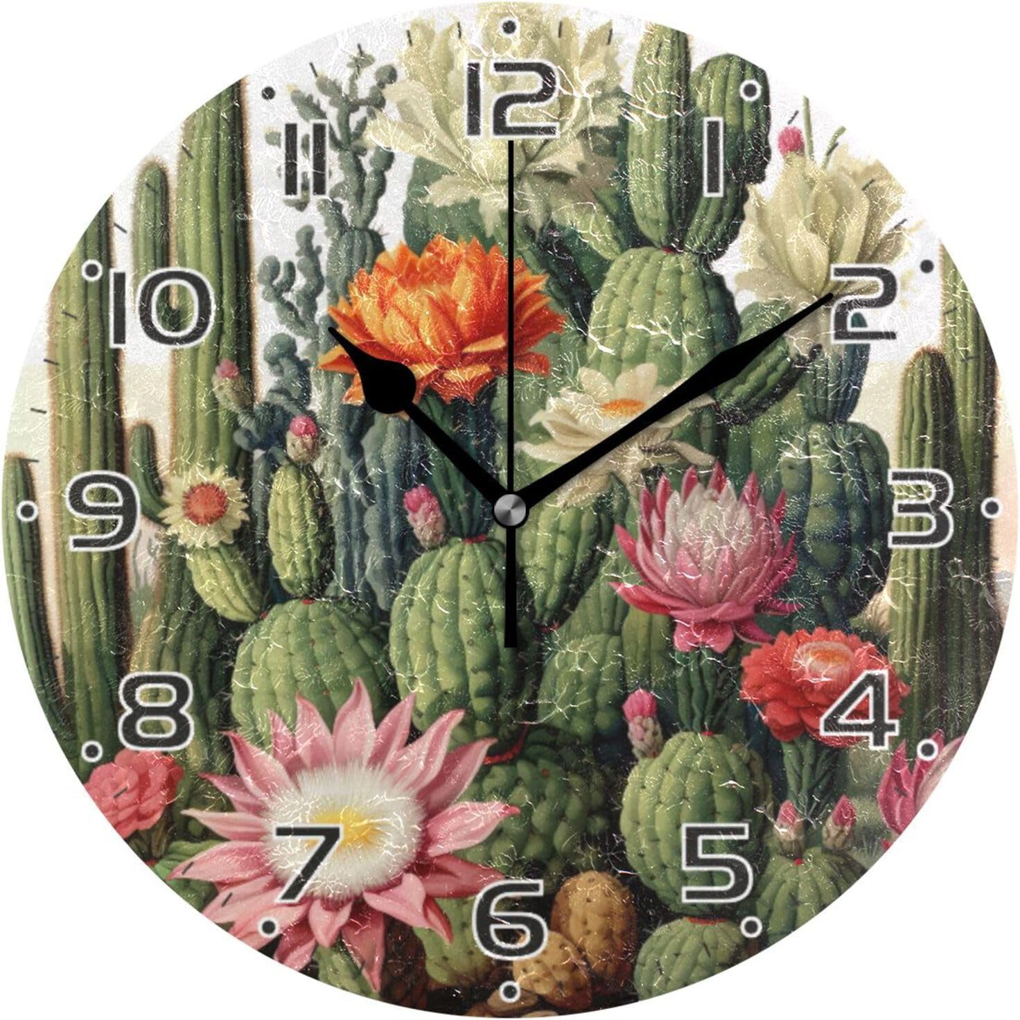 GZHJMY Cactus Flower Clock Silent Round Wall Clock Non Ticking Battery ...