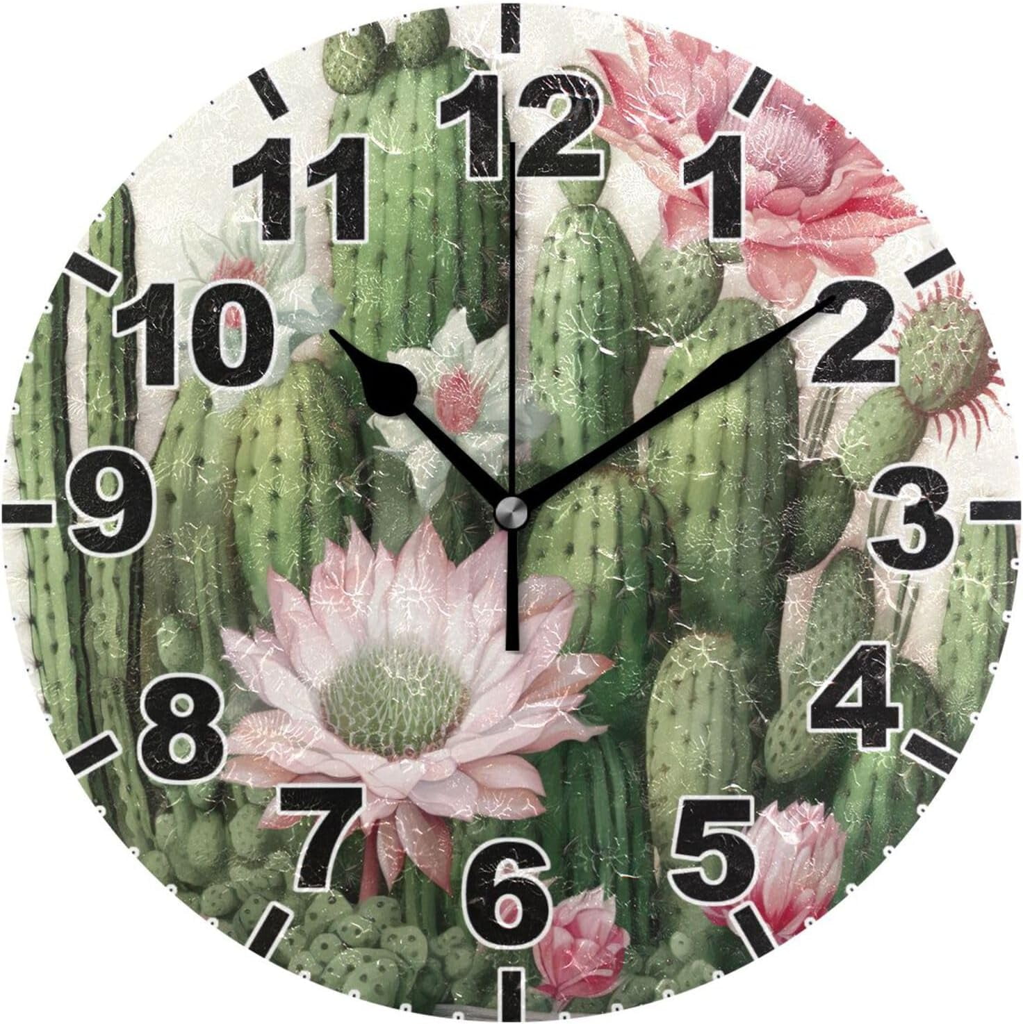 GZHJMY Cactus Flower Round Wall Clock, Battery Operated Silent Non ...