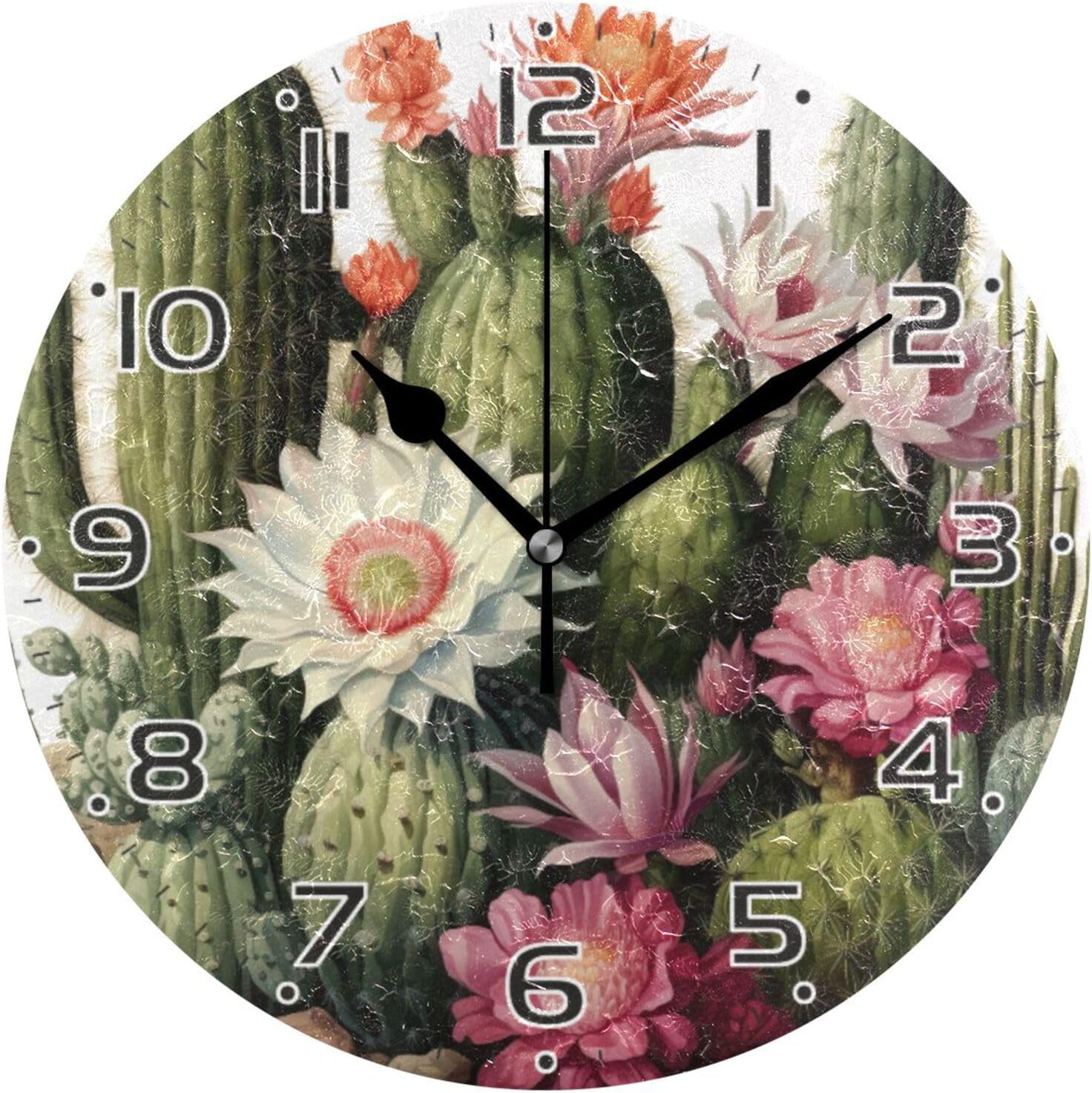 GZHJMY Cactus Plant Clock Silent Round PVC Wall Clock Non Ticking ...