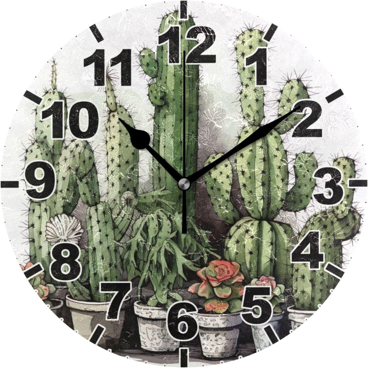 GZHJMY Cactus Plant Round Wall Clock, Battery Operated Silent Non ...